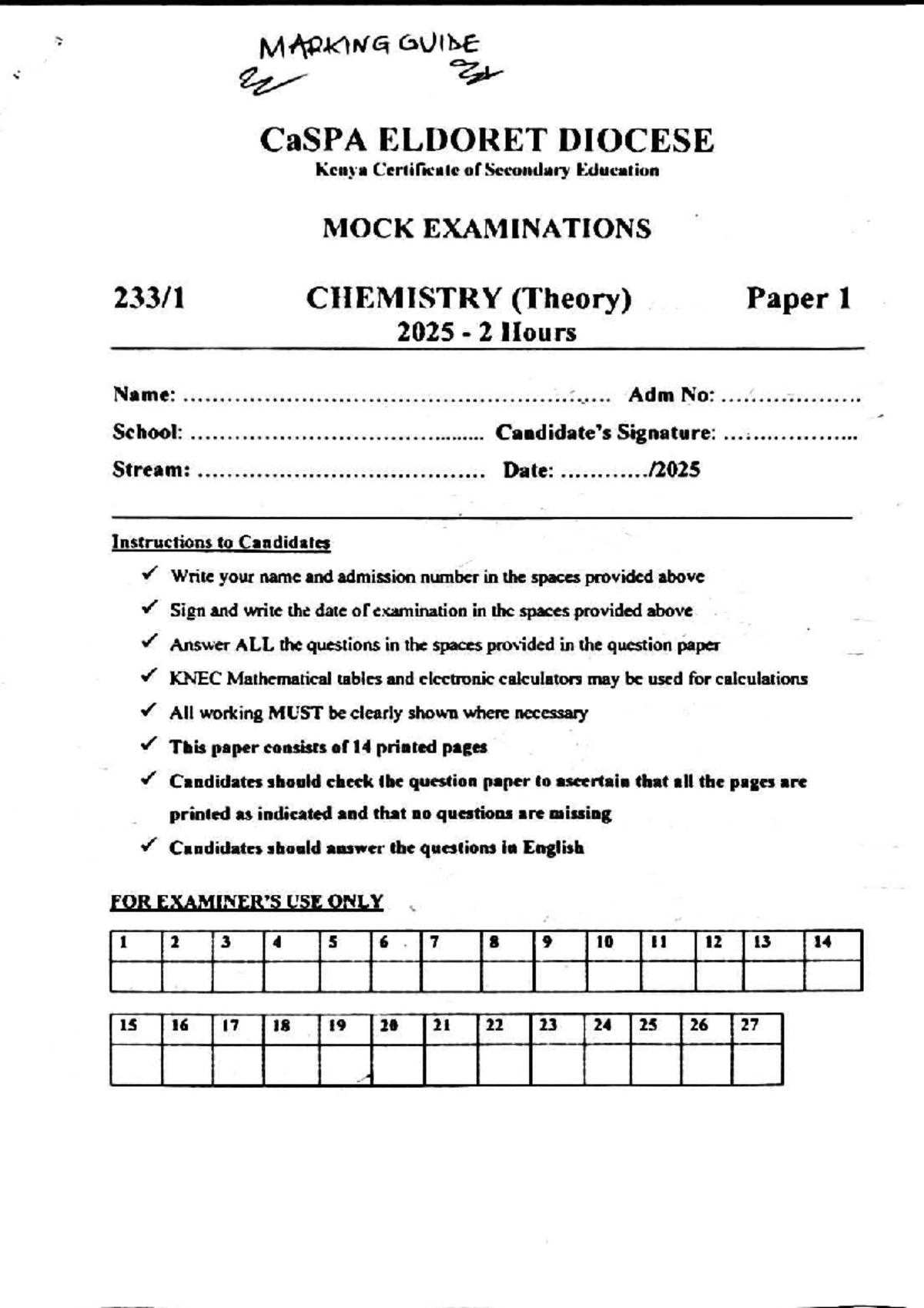CaSPA CHE P1 Mock Exam Marking Guide 2025 - Studocu