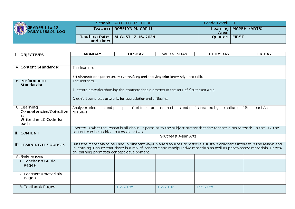 ARTS WEEK 1 DAILY LESSON LOG (Grades 1-12) - ACOJE HIGH SCHOOL - Studocu