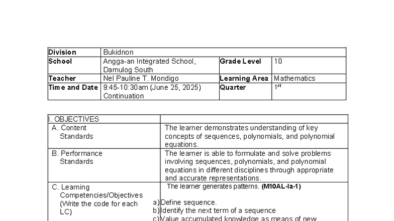 2nd Day Lesson Plan 10: Understanding Sequences in Math - Studocu