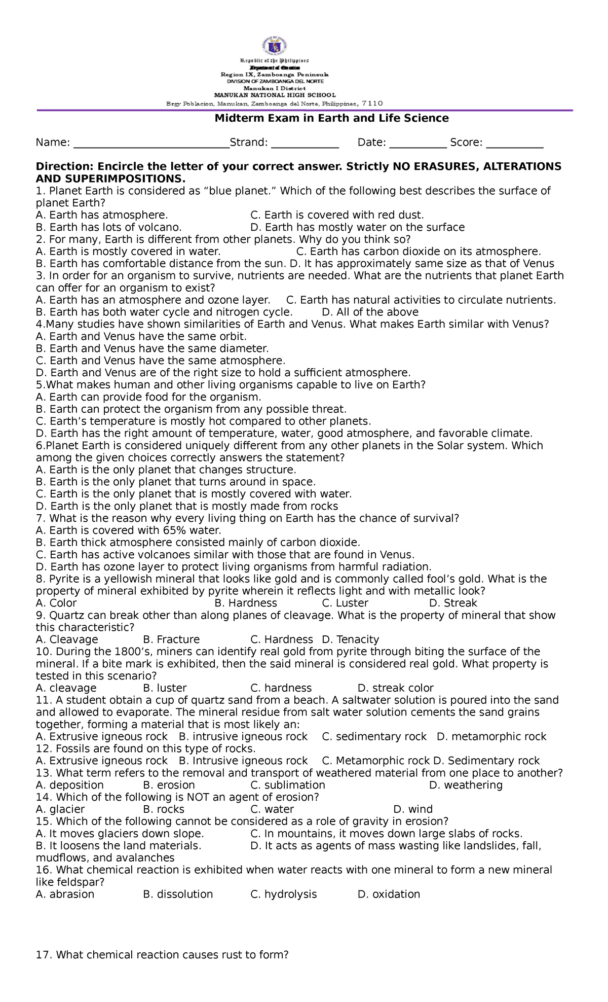 Earth and Life Science Midterm Exam Study Guide 2022-2023 - Studocu