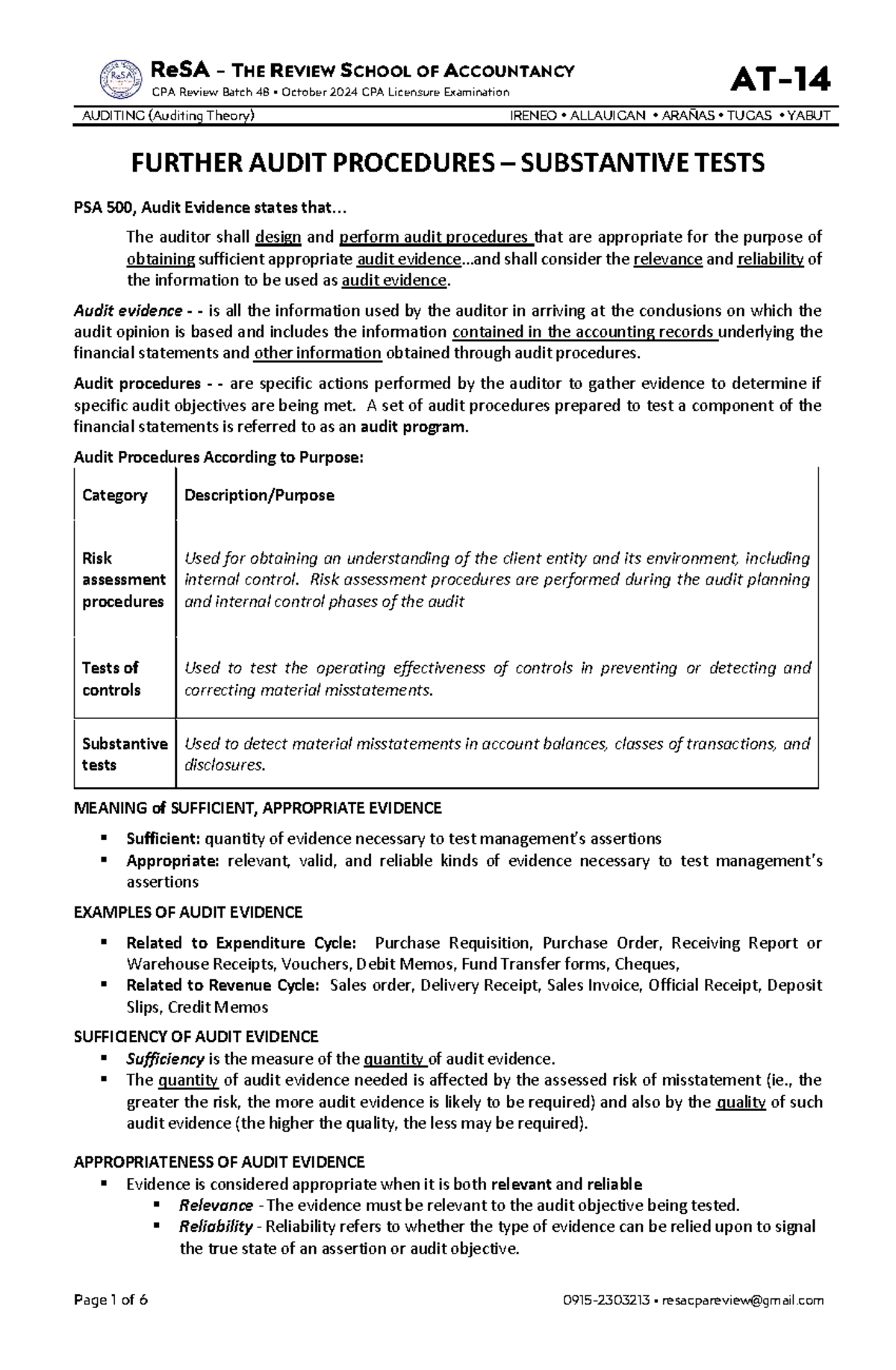 Further Audit Procedures & Substantive Tests - AT-14 Review Notes - Studocu
