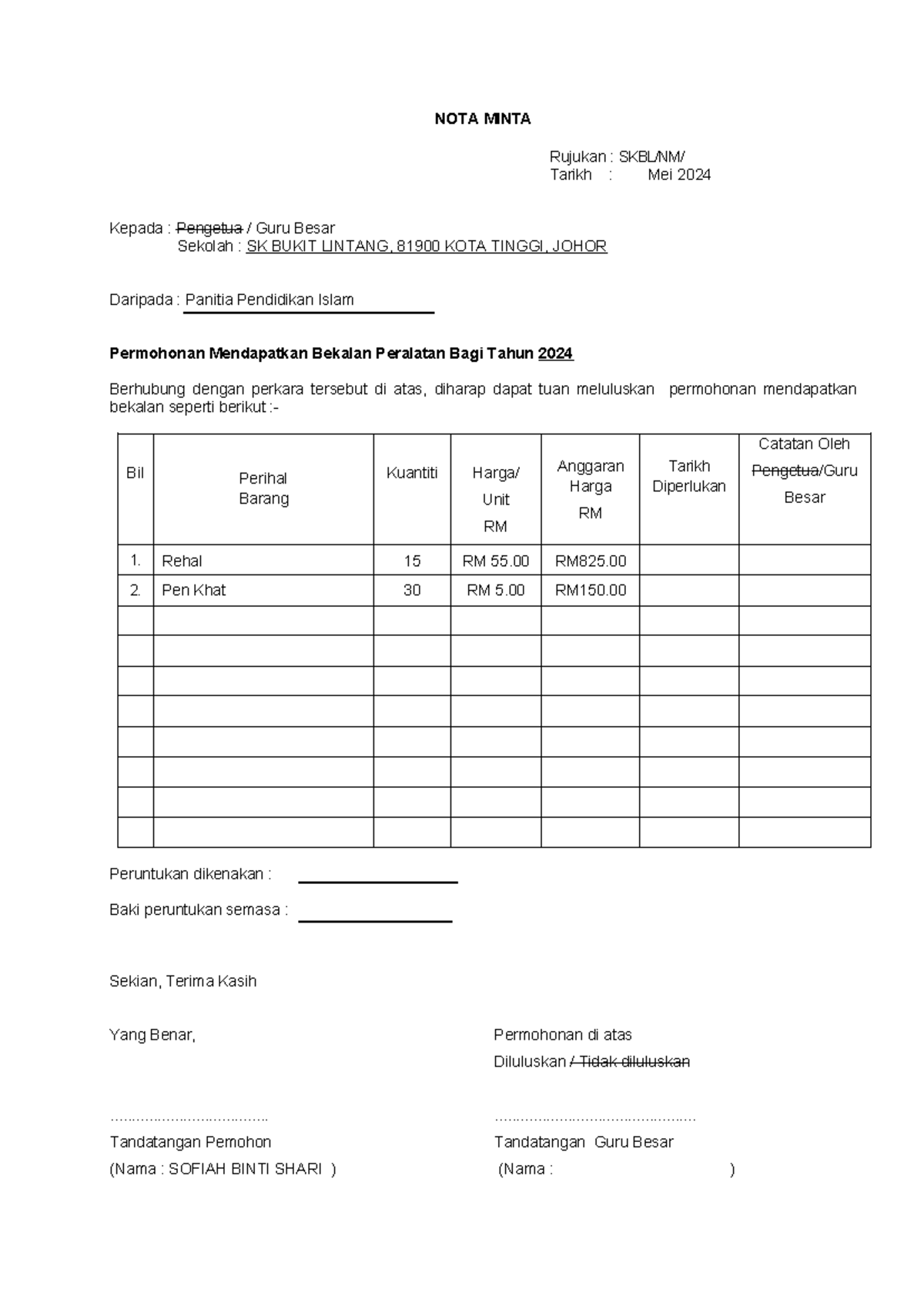 Permohonan Bekalan Peralatan SKBL/NM 2024 - NOTA MINTA - Studocu