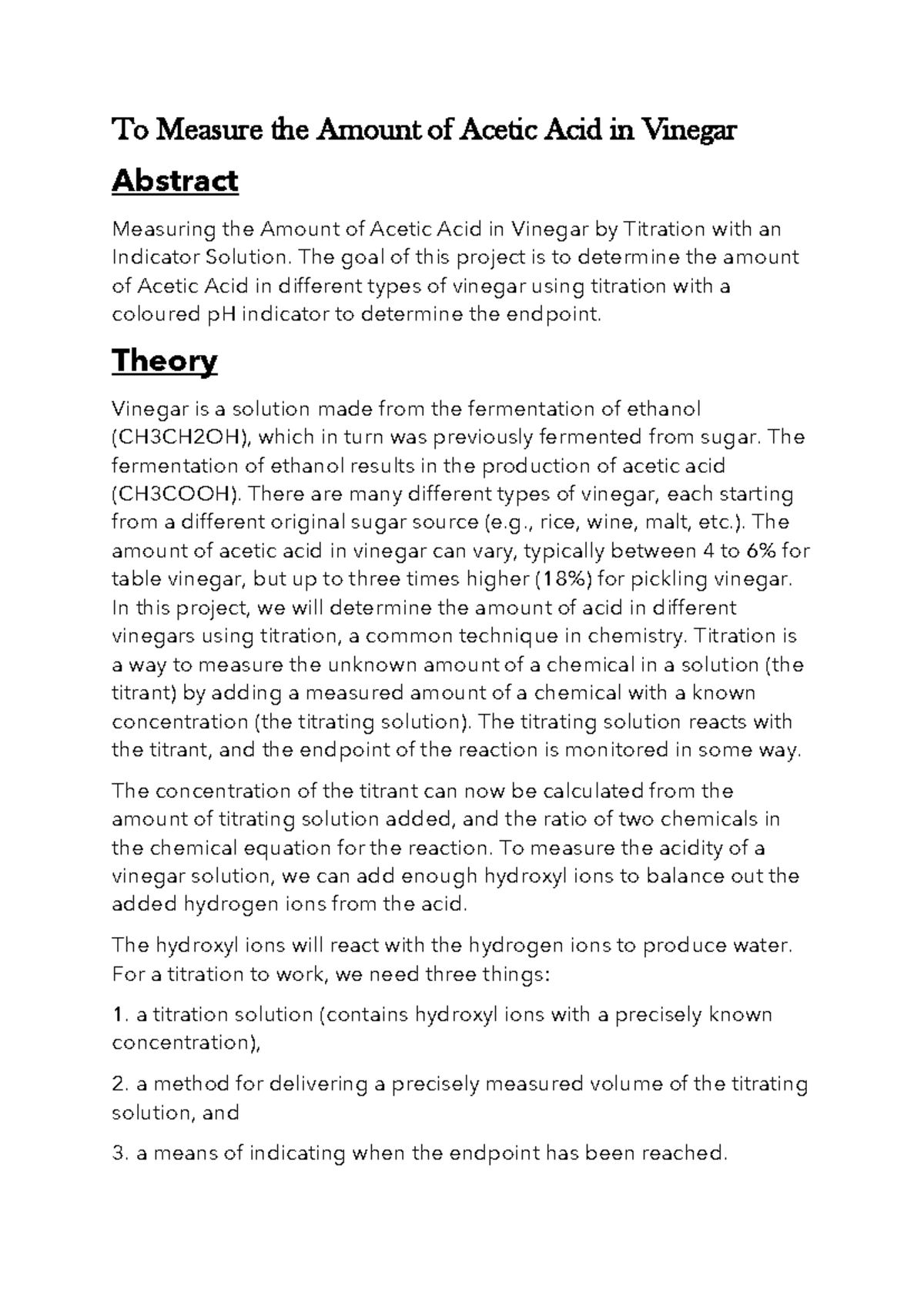 Determining Acetic Acid Levels in Vinegar via Titration Methods - Studocu