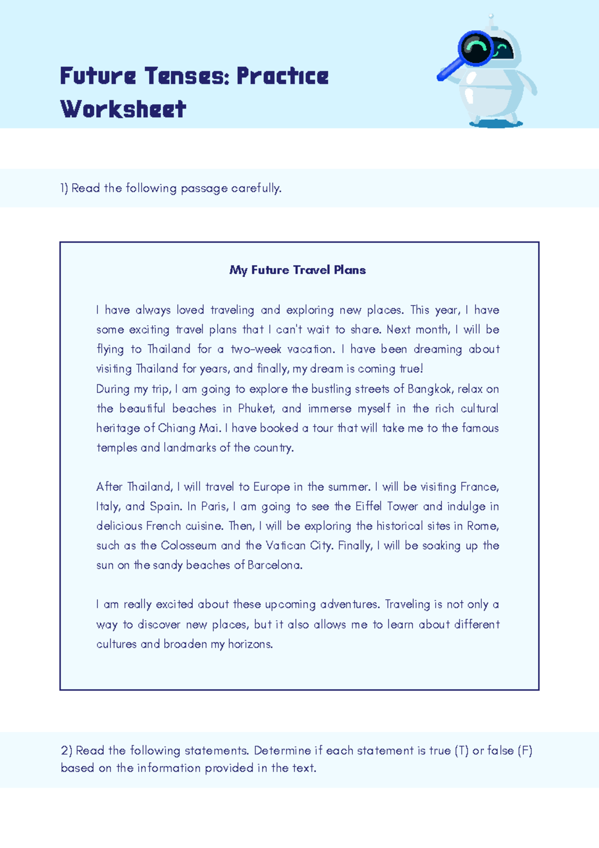 Future Tenses Practice: Travel Plans Worksheet for ESL Learners - Studocu
