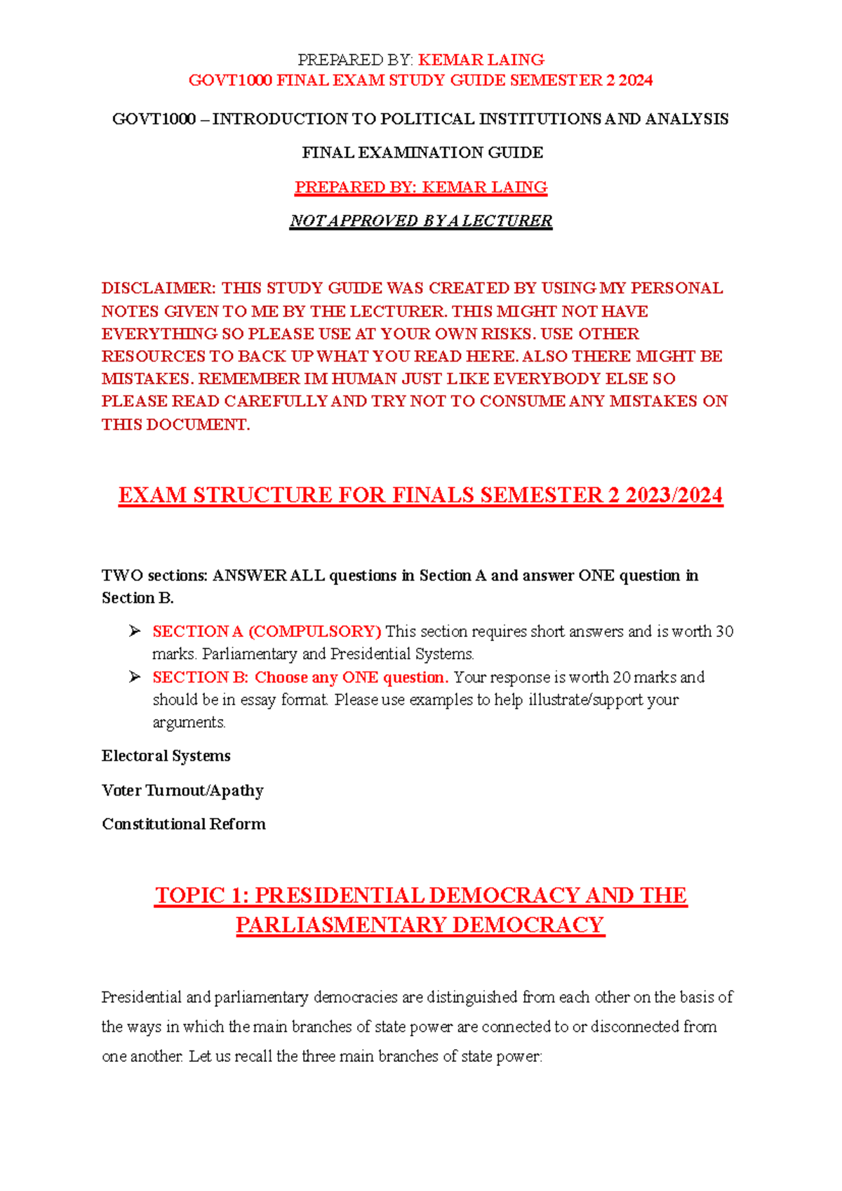 GOVT1000 Final Exam Study Guide: Political Institutions and Analysis ...