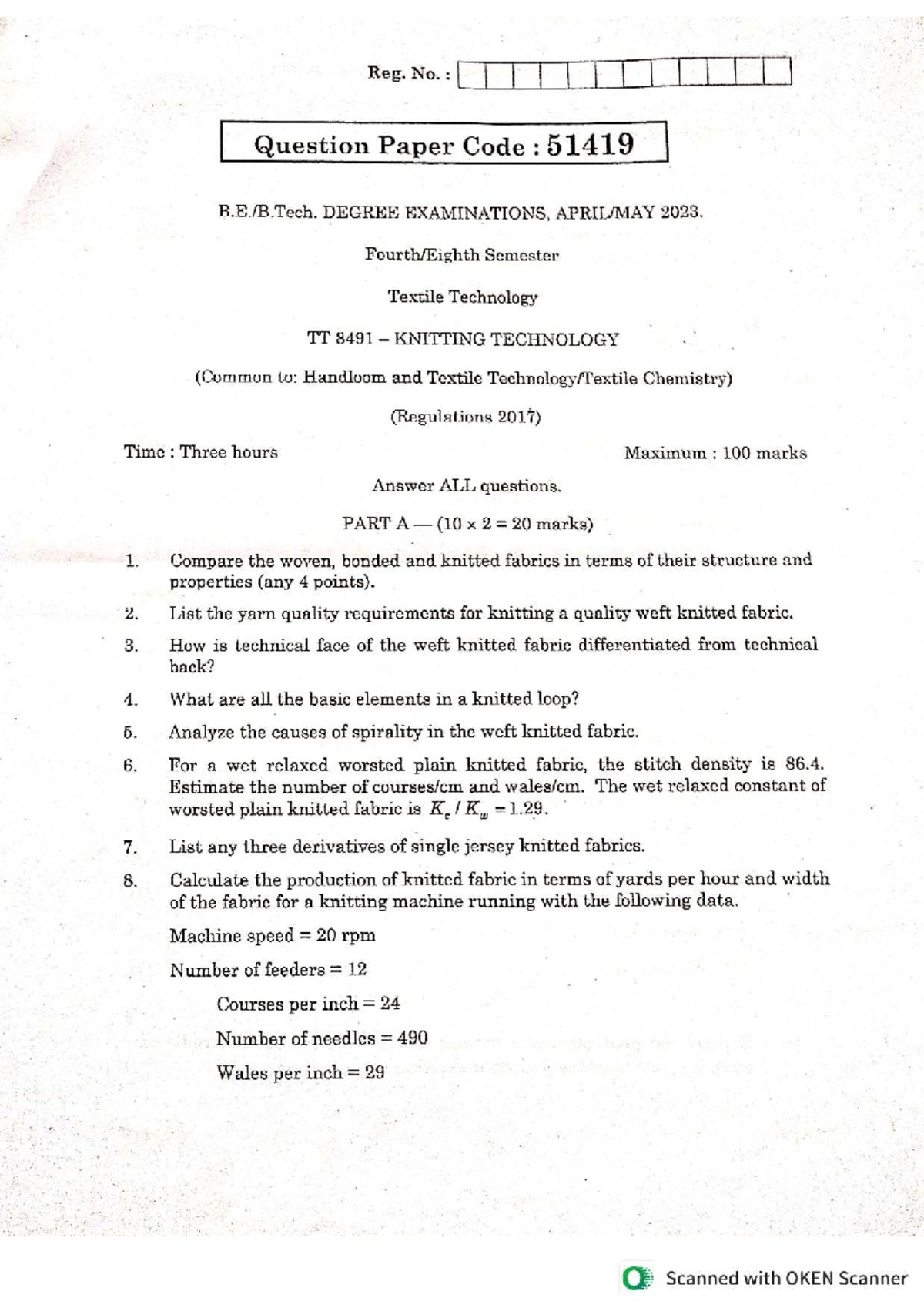 KT 8491 & TT 3452 - Knitting Technology Question Paper Notes - Studocu