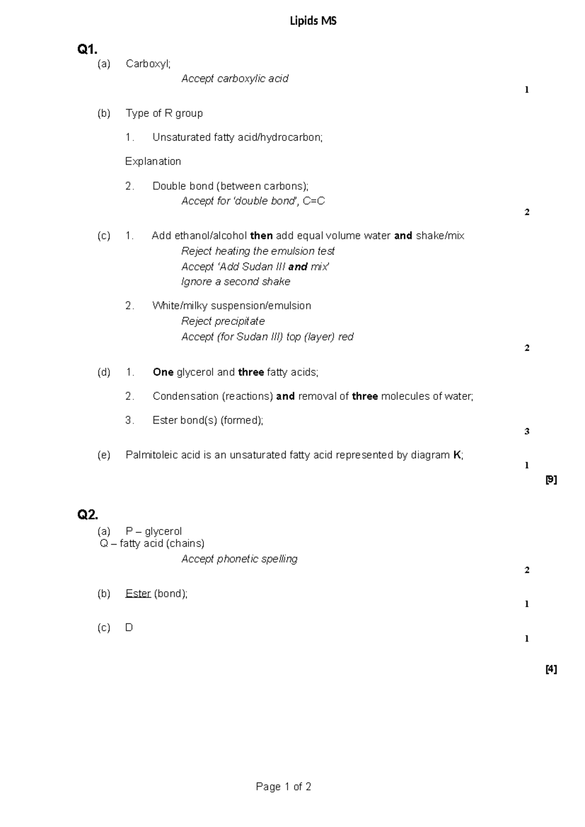 Lipids MS - Mark Scheme for Examination Preparation - Studocu
