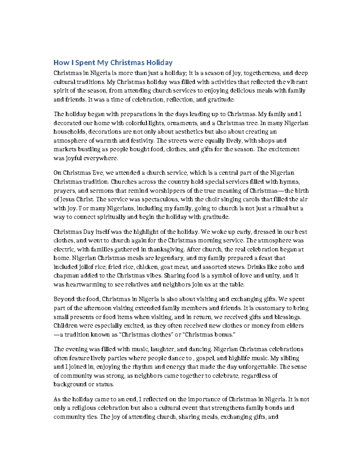 Christmas Holiday Essay: Celebrating Joy and Tradition in Nigeria - Studocu