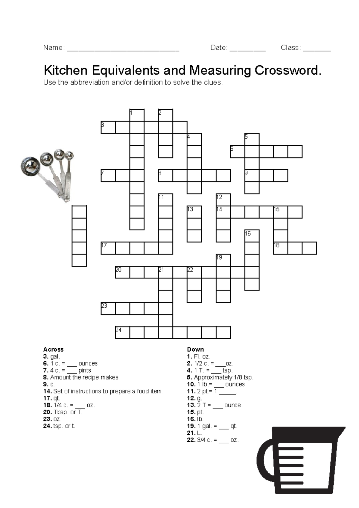 Kitchen Equivalents and Measuring Crossword with Answer Key - Studocu
