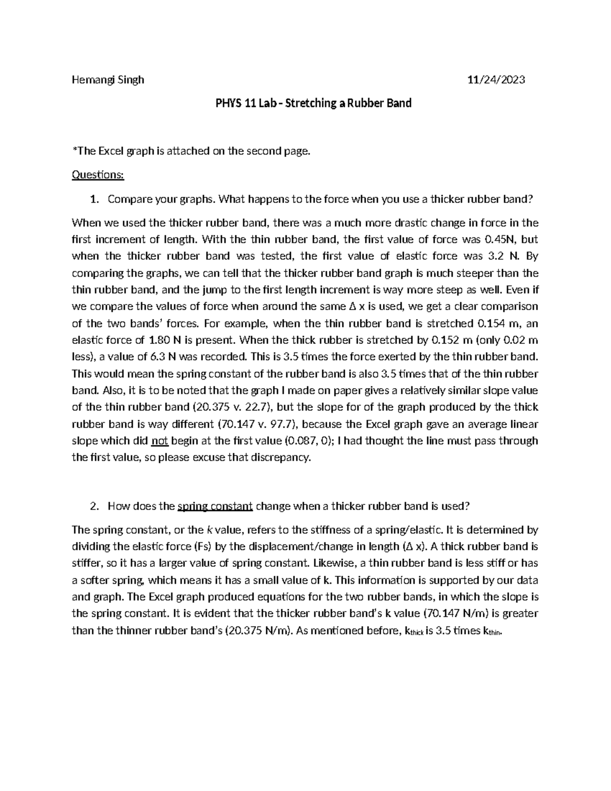 PHYS 11 - Elastic Force Lab: Analyzing Rubber Band Stiffness - Studocu