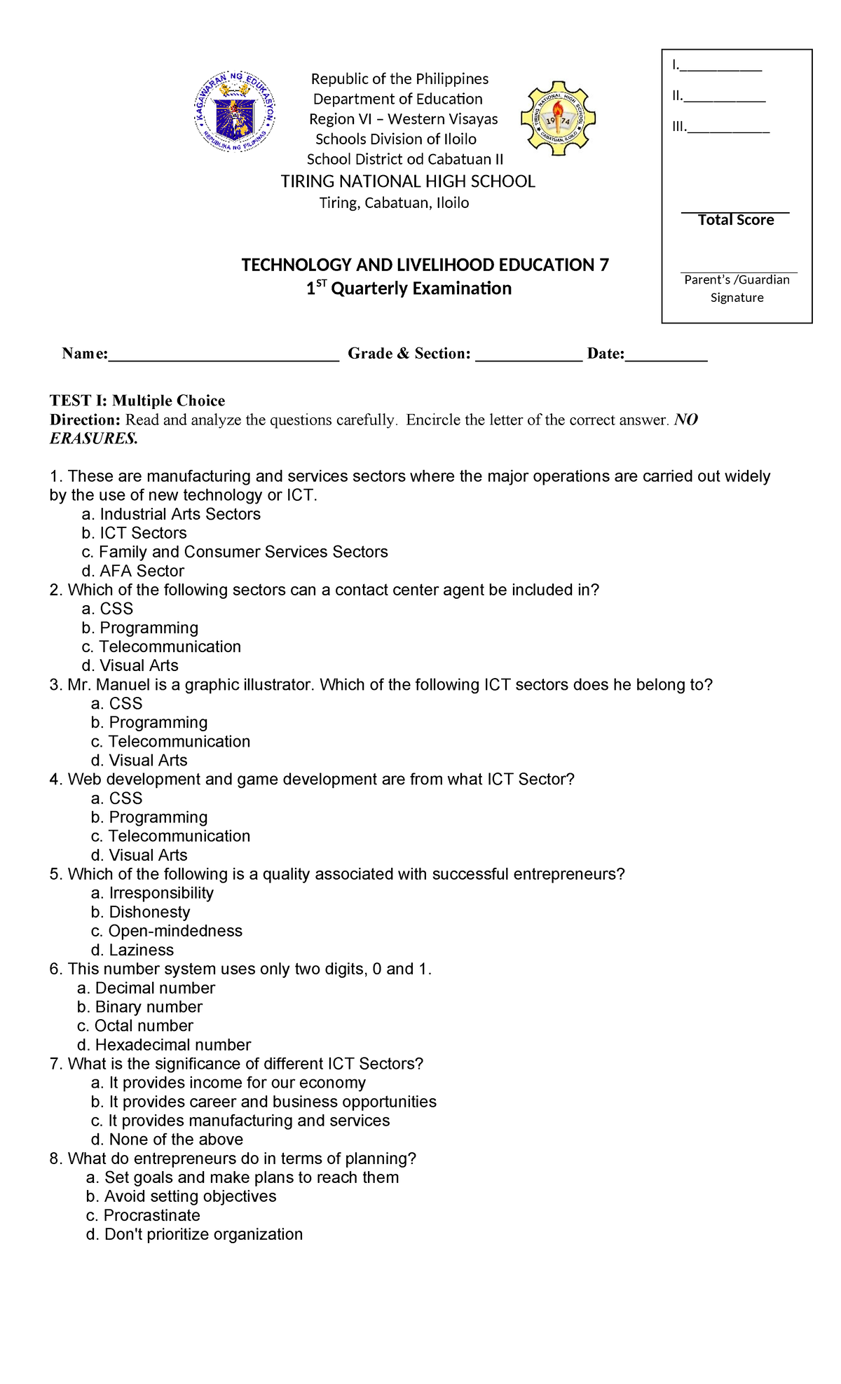 Grade 7 TLE... Final - PRACTICE MATERIALS - Republic of the Philippines ...