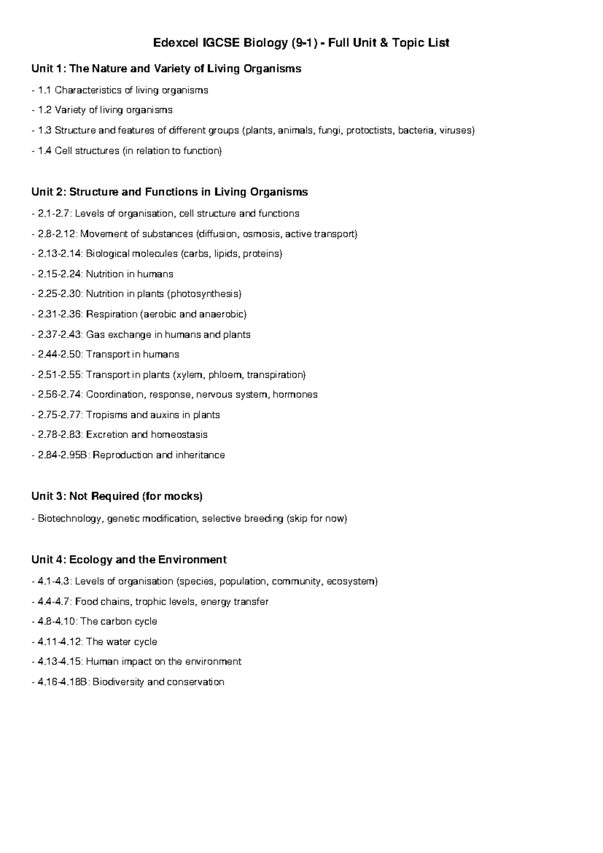 Edexcel IGCSE Biology Unit Topic List for Exam Preparation - Studocu
