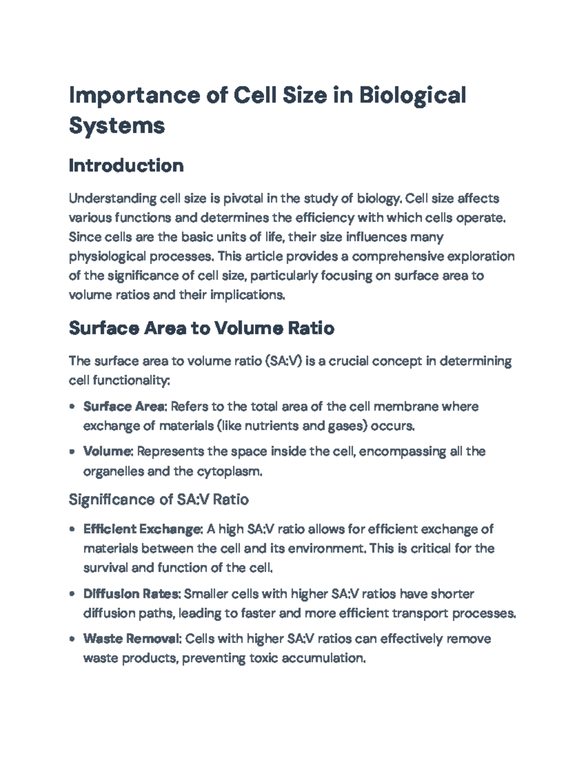 Title: "The Significance of Cell Size and Surface Area to Volume Ratios ...
