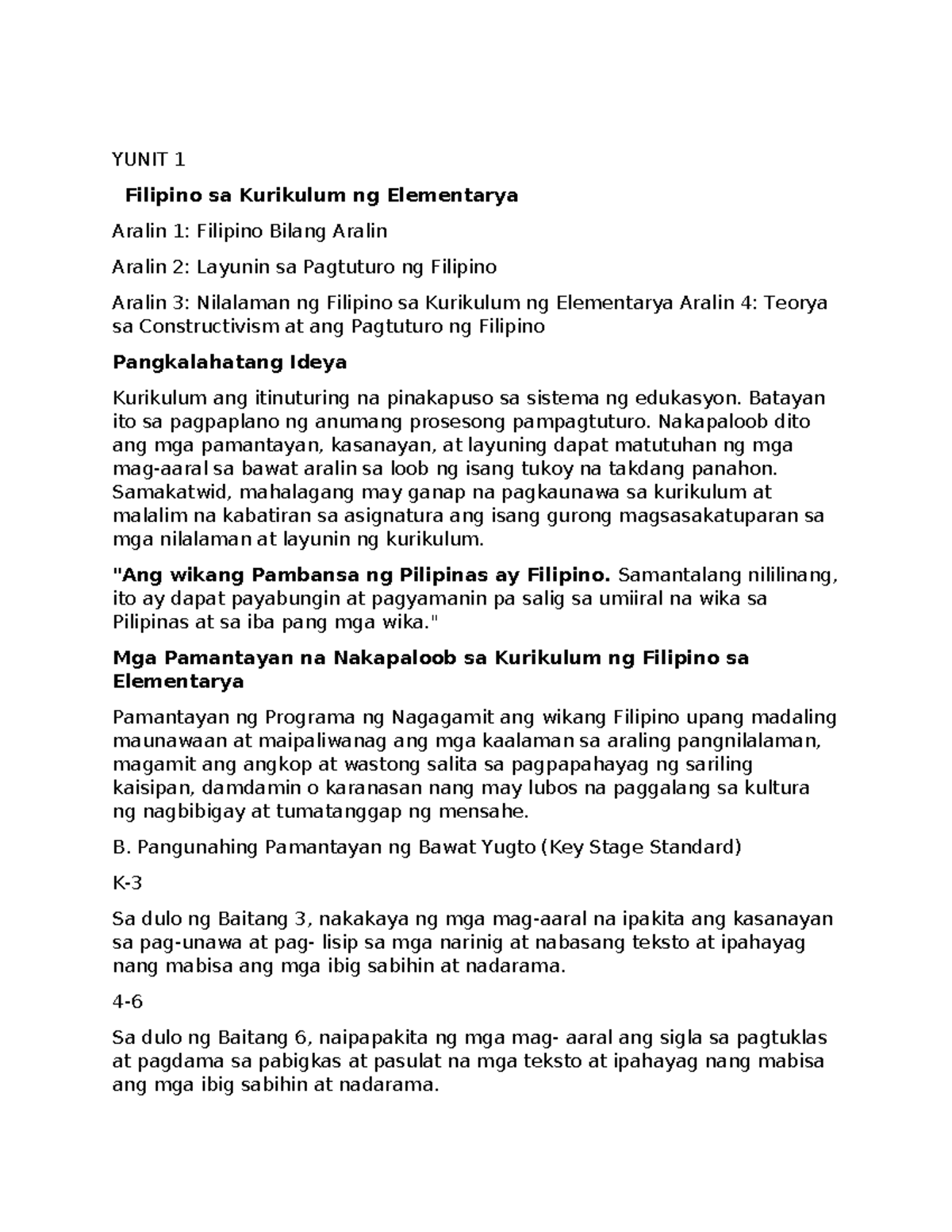 YUNIT 1 - MGA LECTURE NOTES SA FILIPINO SA ELEMENTARYA - Studocu