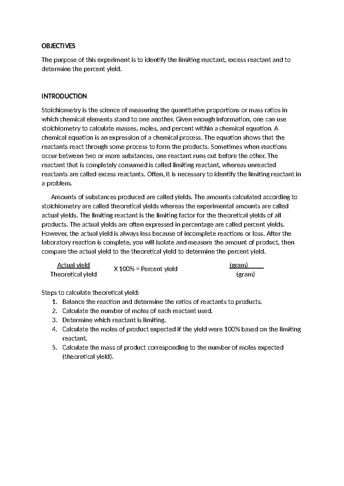 Stoichiometry Lab: Limiting Reactant & Percent Yield Analysis - Studocu