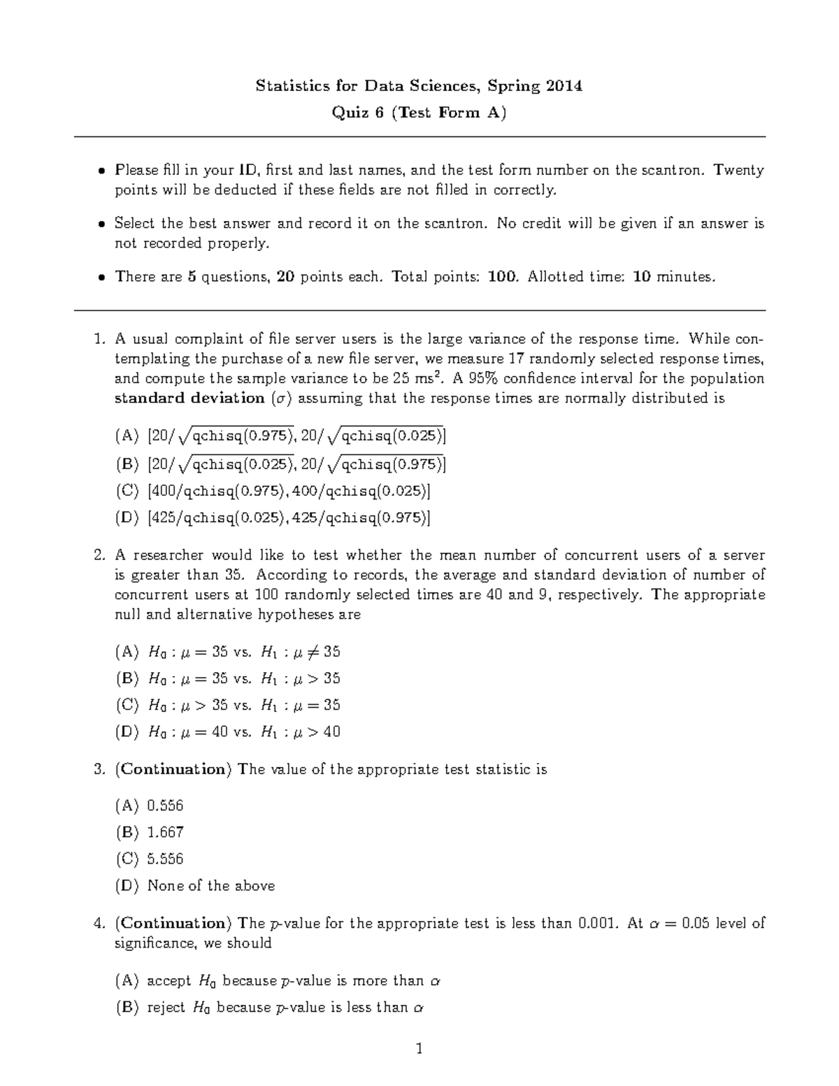 Quiz 6a - material - Statistics for Data Sciences, Spring 2014 Quiz 6 ...