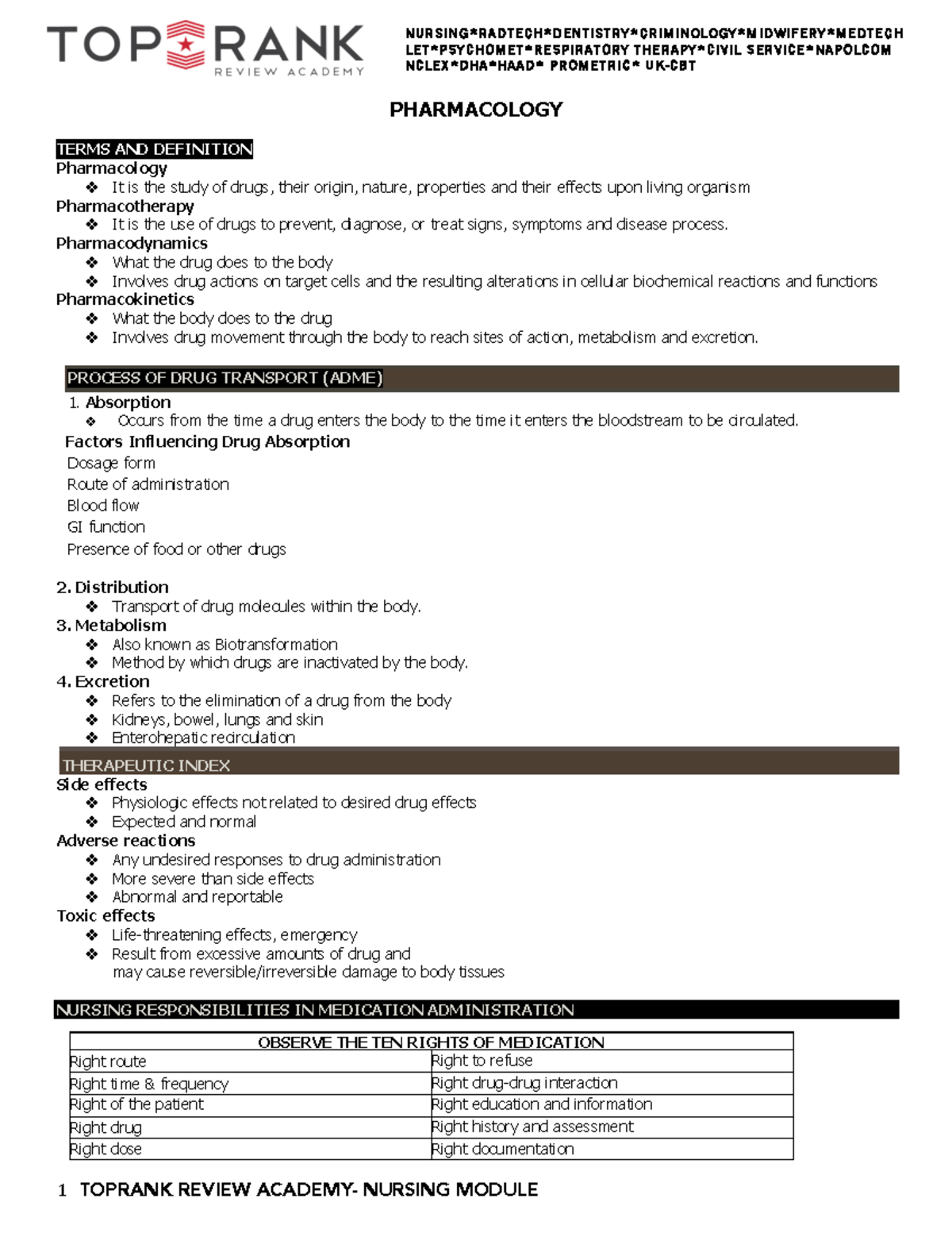 PHARMACOLOGY 3: Key Terms, Concepts, and Nursing Responsibilities - Studocu