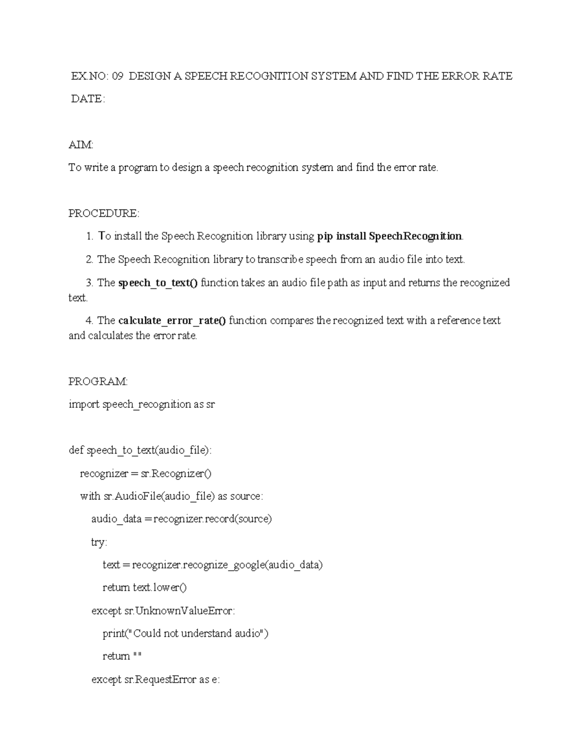 Experiment 09 - Speech Recognition System Design and Error Rate ...