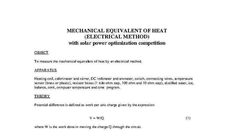23- Mechanical Equivalent of Heat: Electrical Method Experiment - Studocu