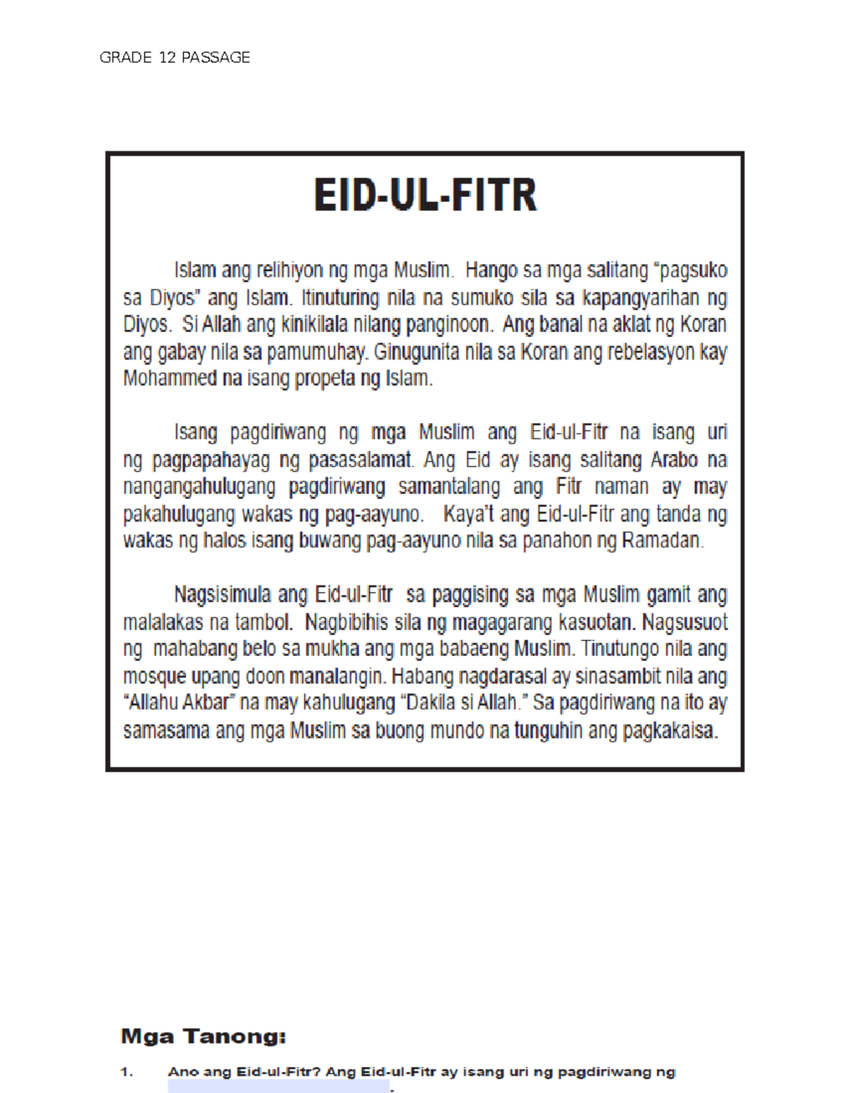 Grade 12 - Reading Passage Analysis and Insights - Studocu