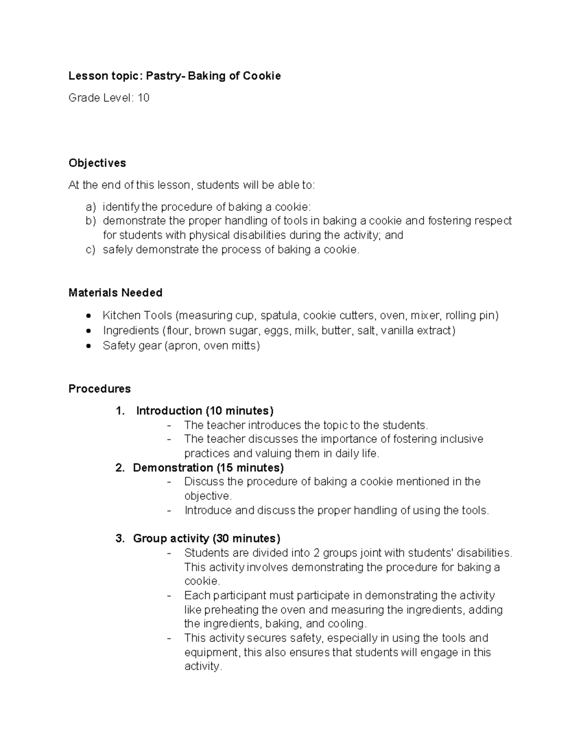 Baking Cookies Lesson Plan for Students with Disabilities (Grade 10 ...