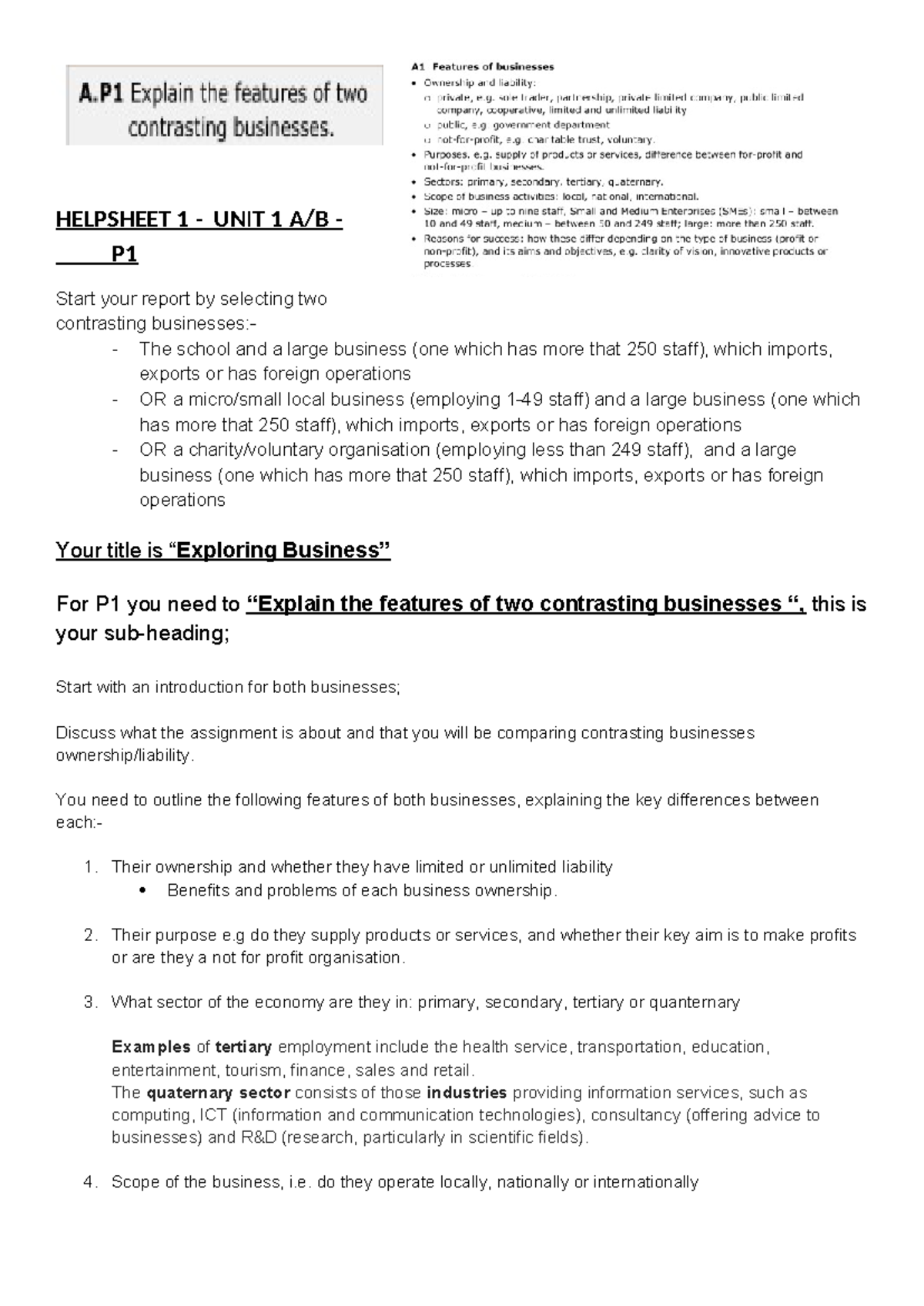 Helpsheet 1 - P1 - helpshet for assignmetn 1 unit one coursework ...