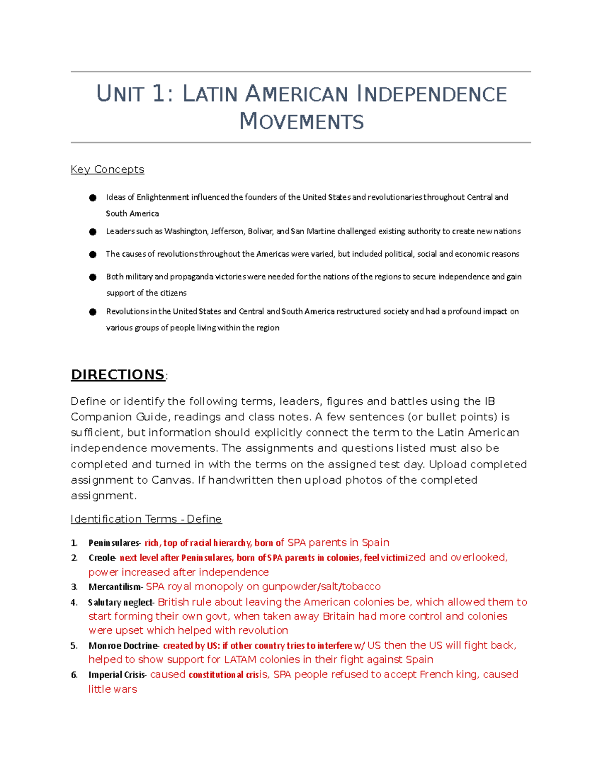 IB Unit 1 Study Guide: Latin American Independence Movements Insights ...