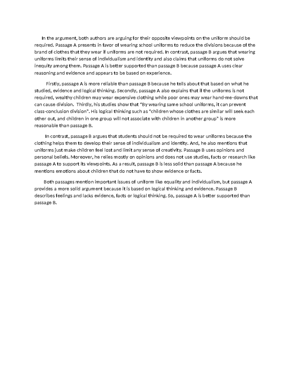 Debate on School Uniforms: A vs. B Analysis - Studocu