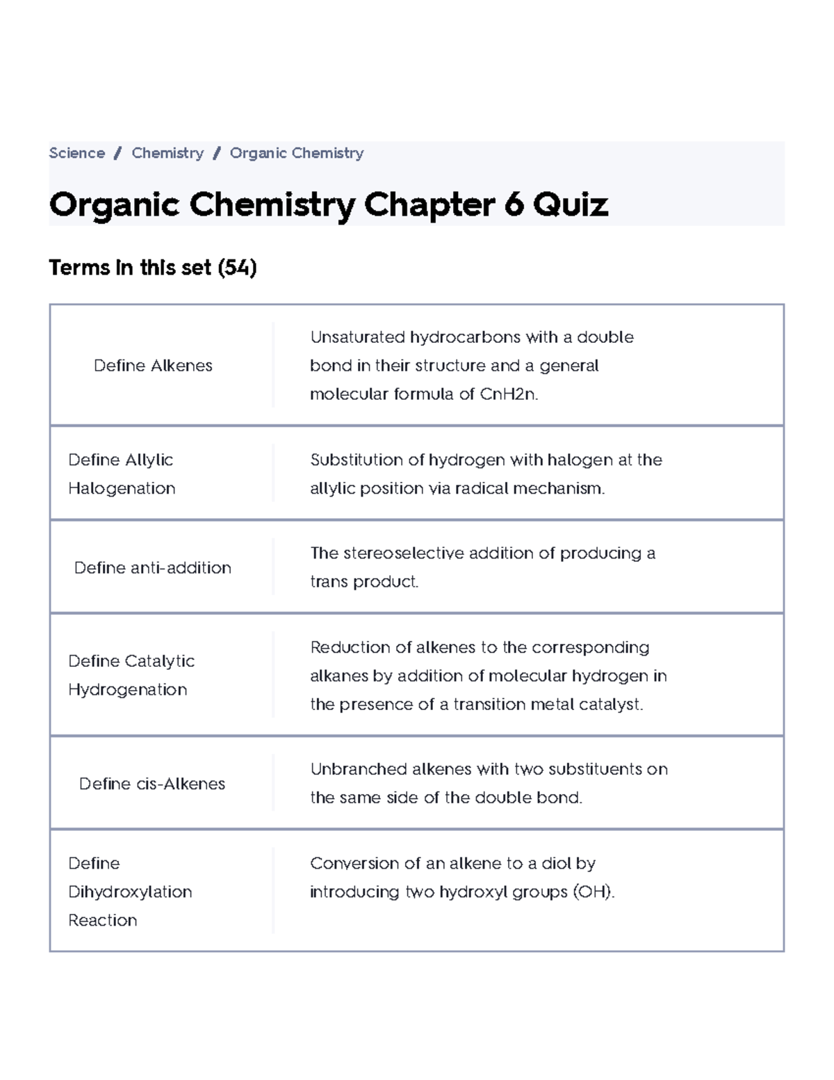 Organic Chem Ch 6 Quiz Flashcards: Key Terms & Definitions - Studocu