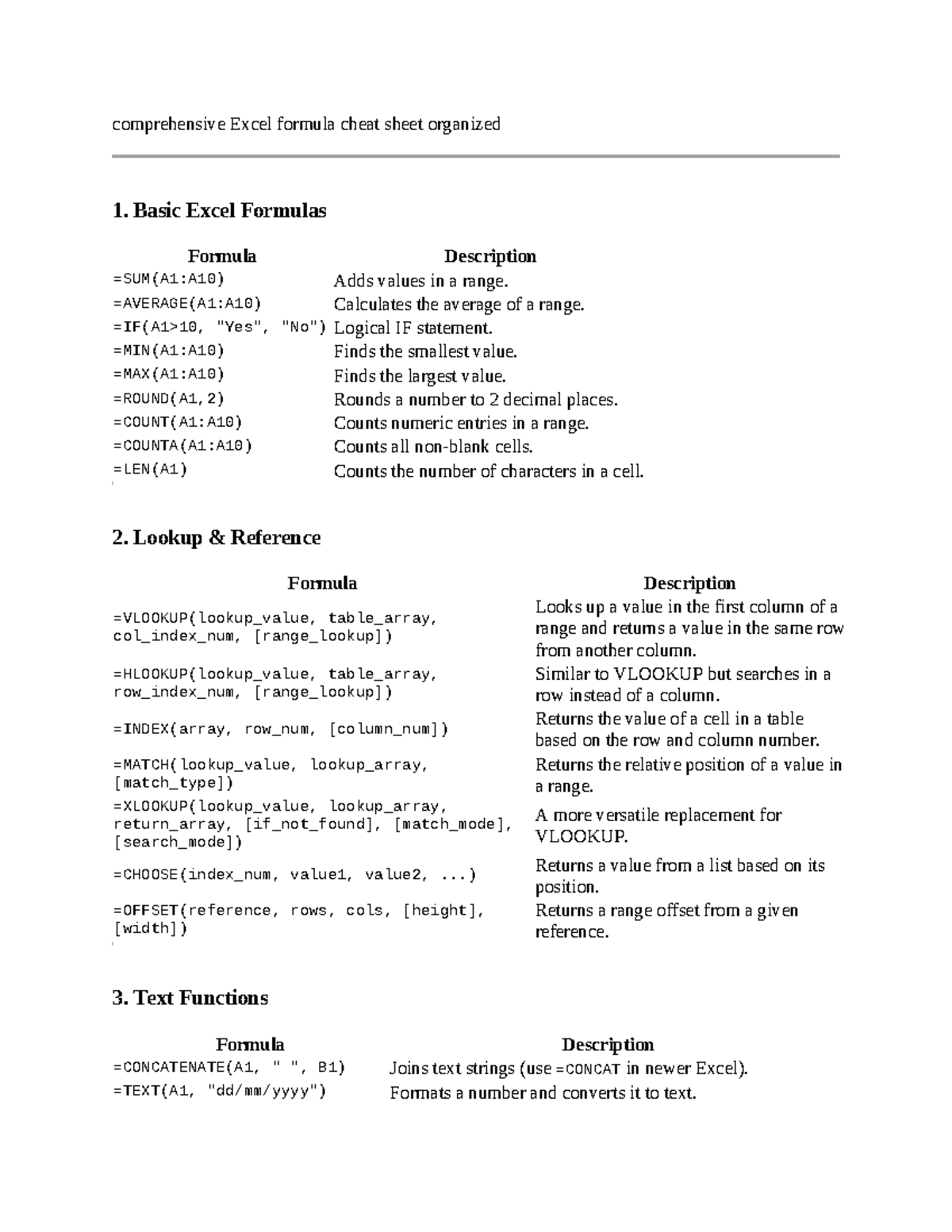 Excel Formula Cheat Sheet: Comprehensive Guide - Studocu