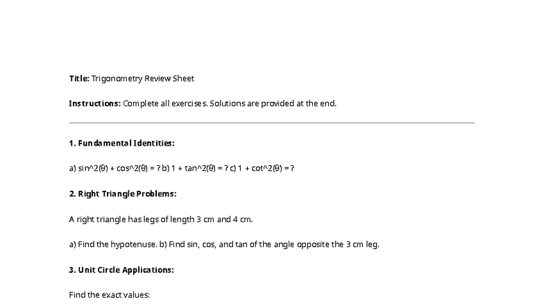 Trigonometry Review Sheet: Exercises & Solutions (MATH 101) - Studocu