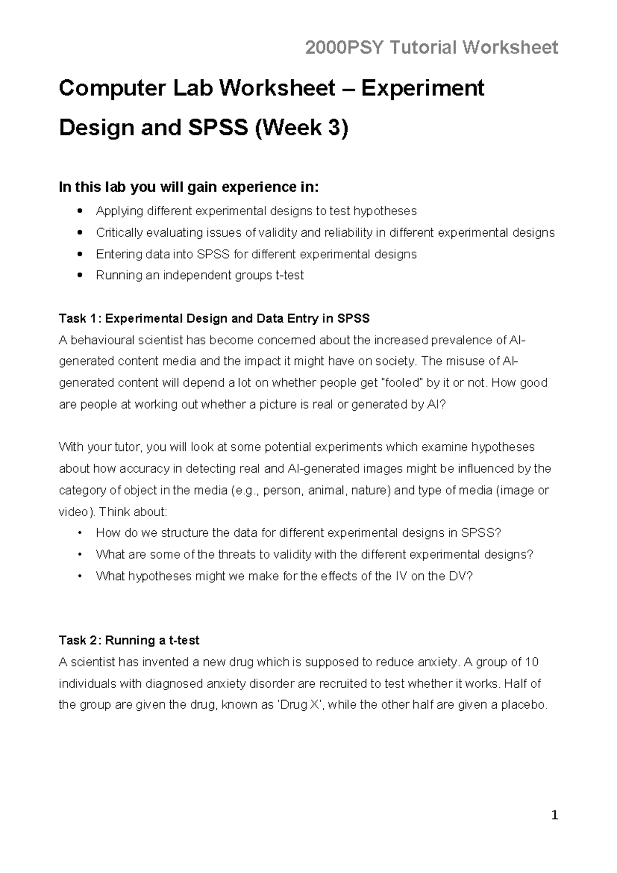 Week 3 Lab Worksheet: Experimental Design & SPSS Techniques - Studocu