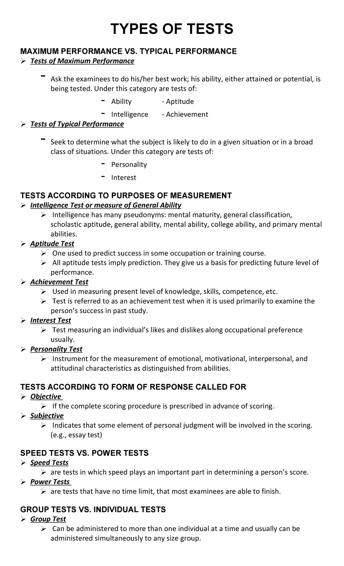 PSY 108 - Comprehensive Overview of Test Types and Classifications ...
