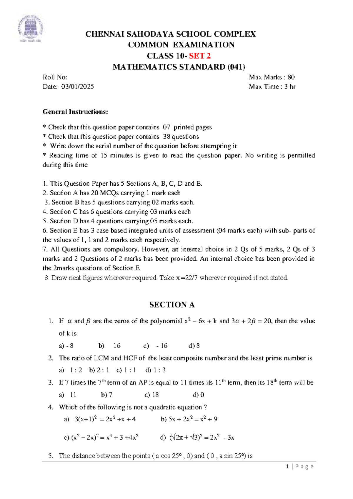 CHENNAI SAHODAYA SCHOOL COMPLEX CLASS SET 2 MATHEMATICS EXAM (041 ...