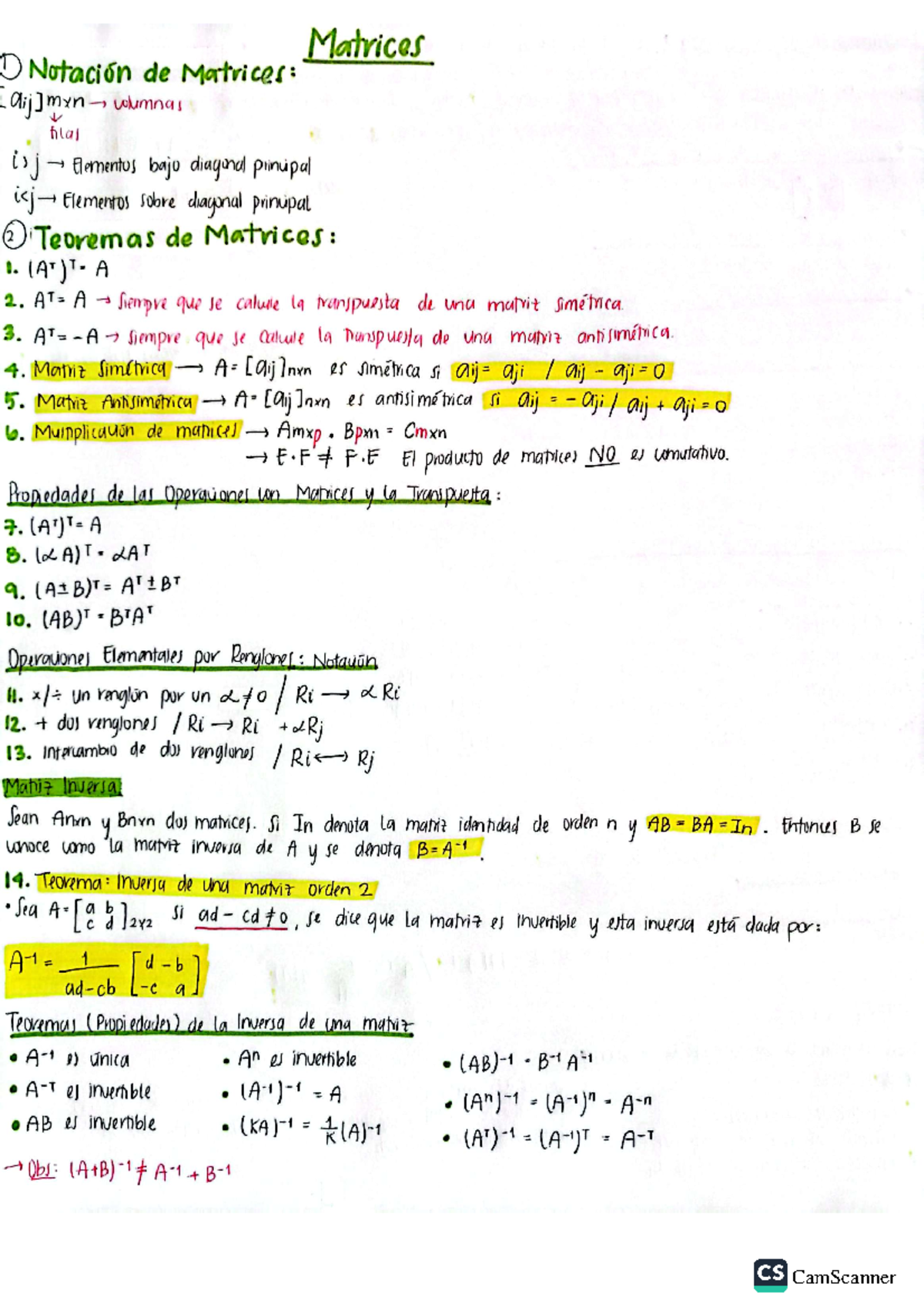 Formulario MM-211 (I Parcial) - Matrices Notacion de Matrices: columnas ...