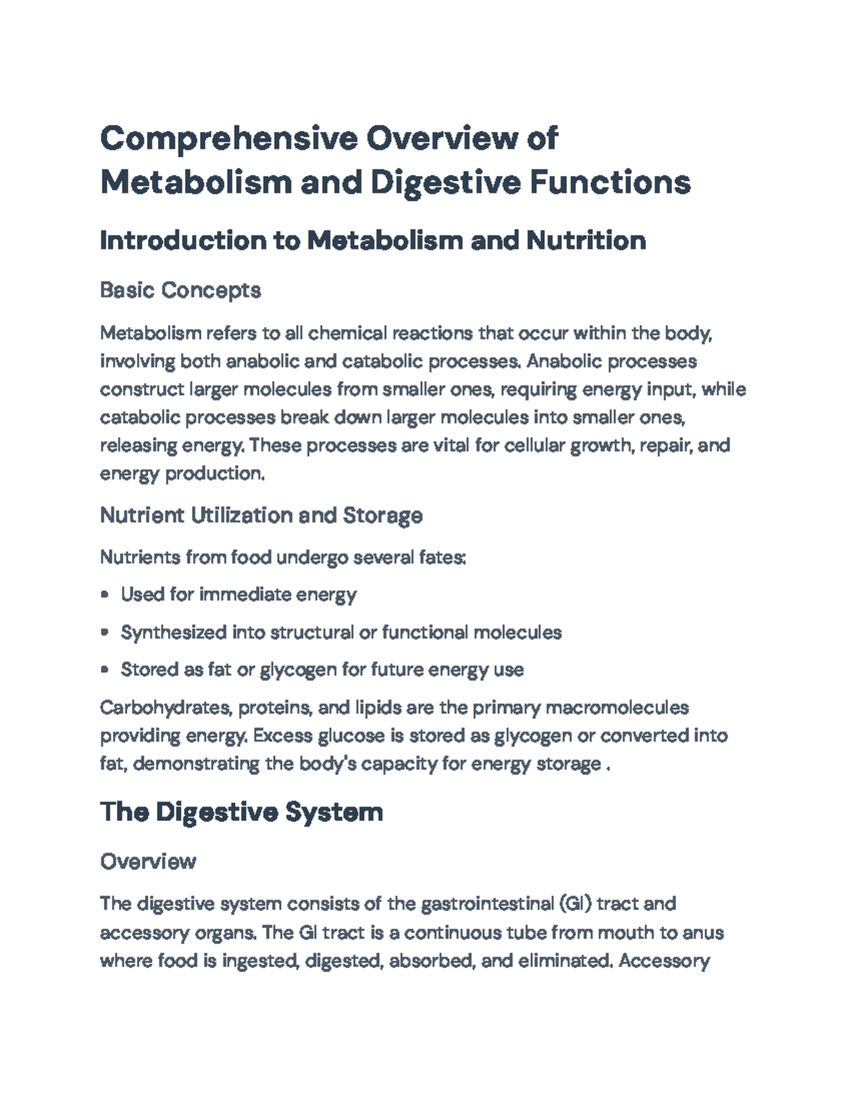 Comprehensive Overview of Metabolism & Digestive Functions (BIO 201 ...