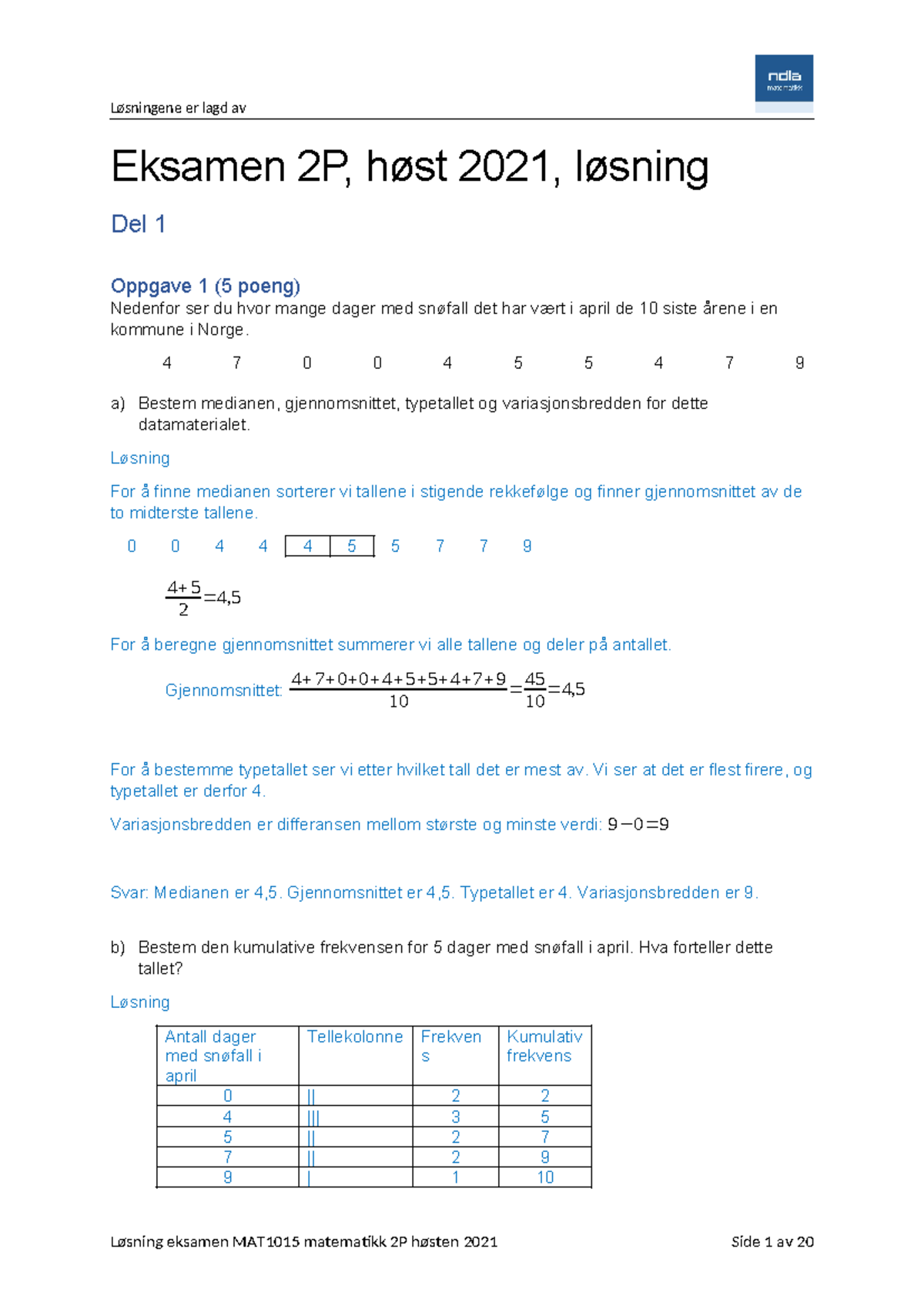 eksamen i matematikk 2p - Eksamen 2P, høst 2021, løsning Del 1 Oppgave ...