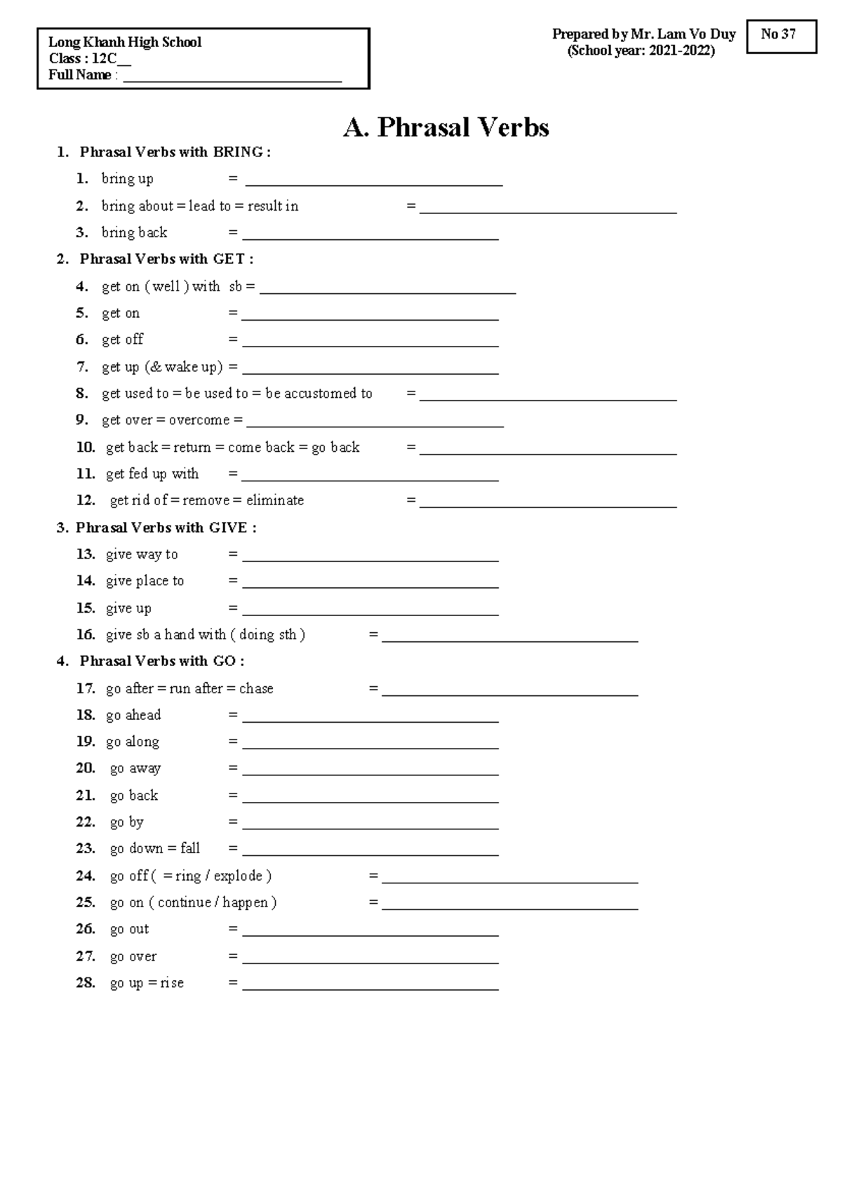 Phrasal Verbs Study Guide for 12C - Comprehensive List and Exercises ...