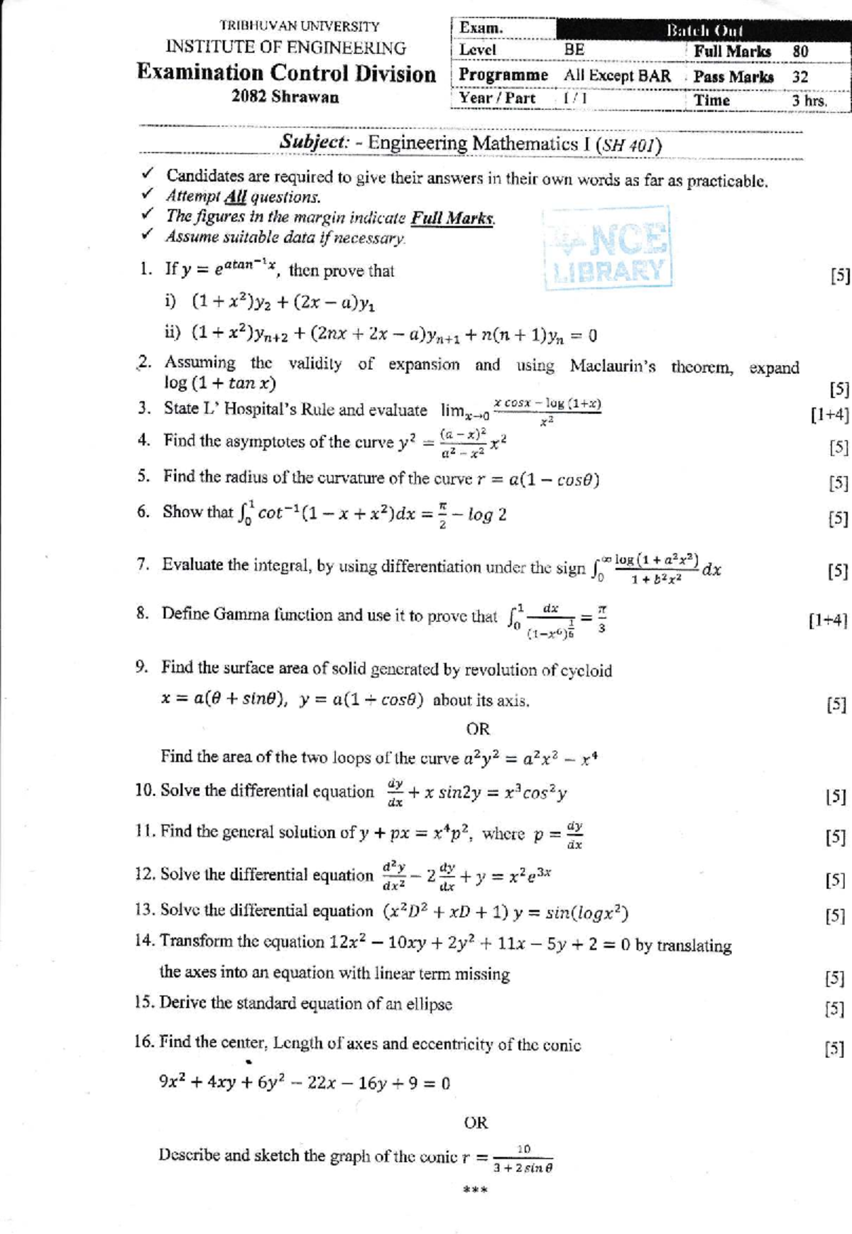Engineering Mathematics I (SH 401) - Exam Solutions and Notes - Studocu