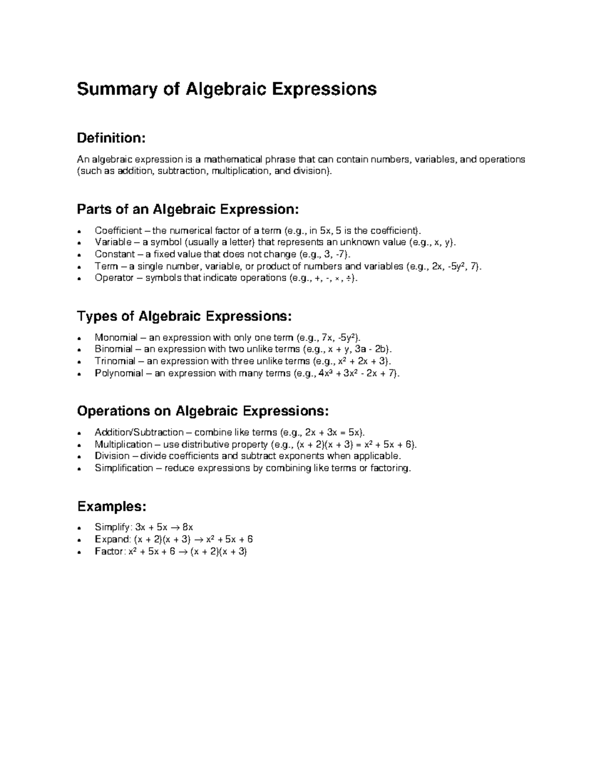 Algebraic Expressions Summary: Key Definitions & Types - Studocu