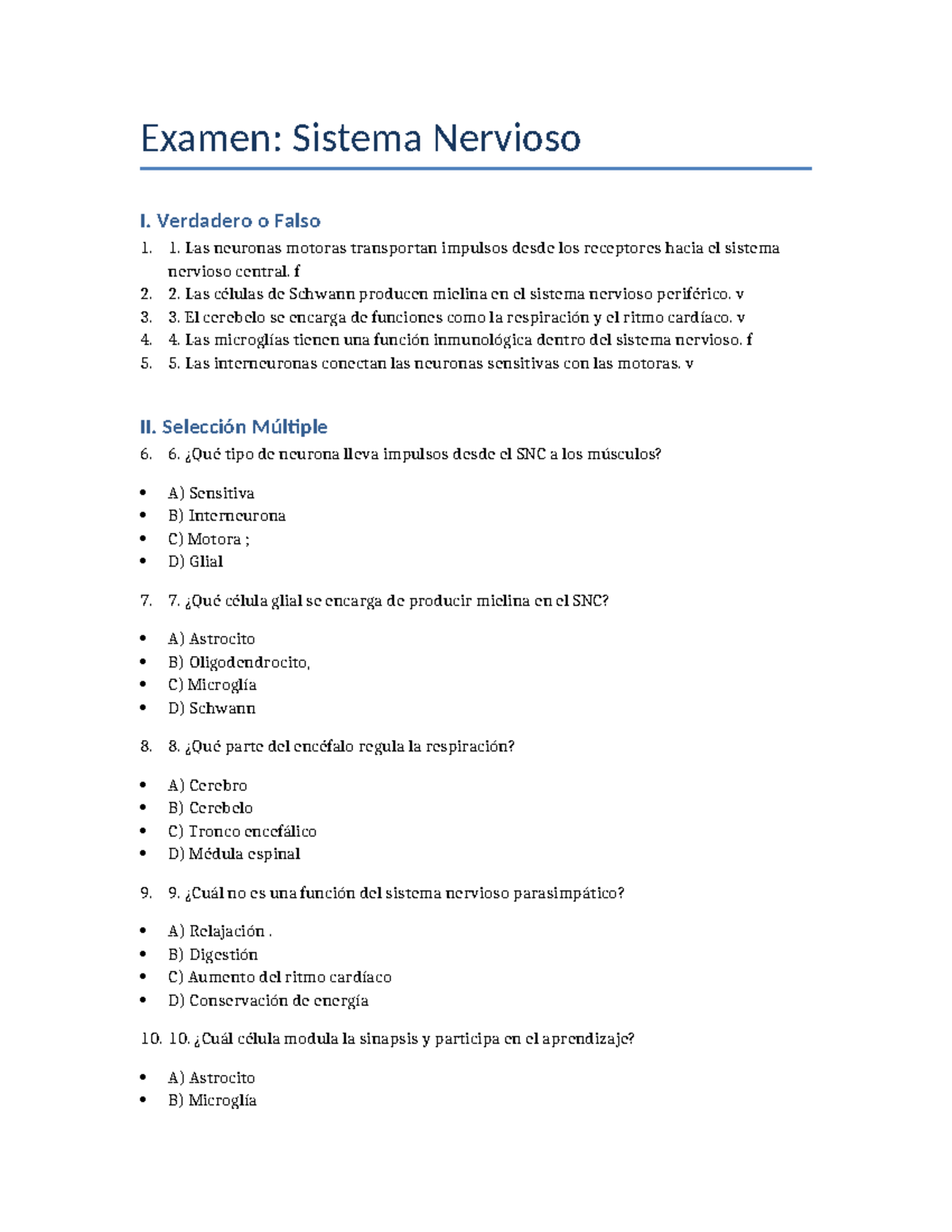 Examen: Sistema Nervioso I - Verdadero o Falso y Selección Múltiple ...