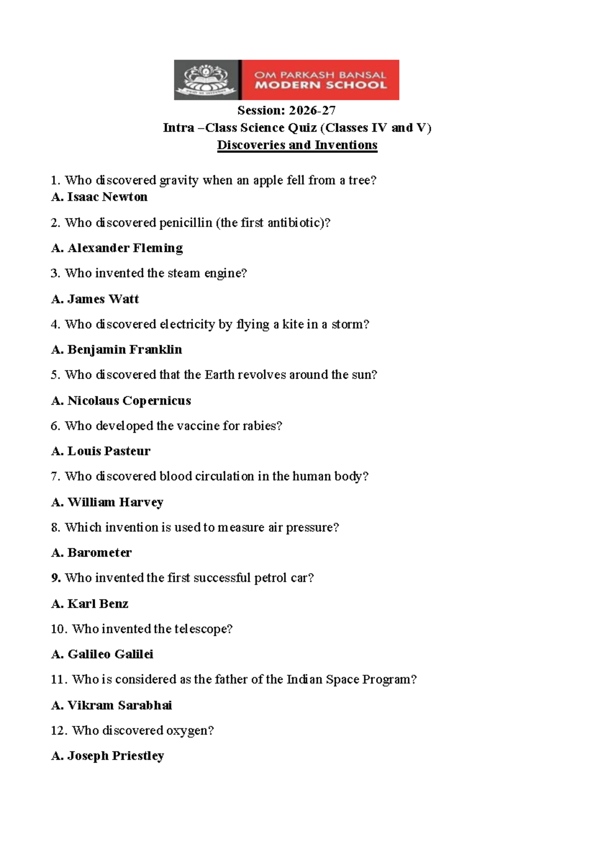 Intra Science Quiz (IV & V): Discoveries & Inventions - Studocu
