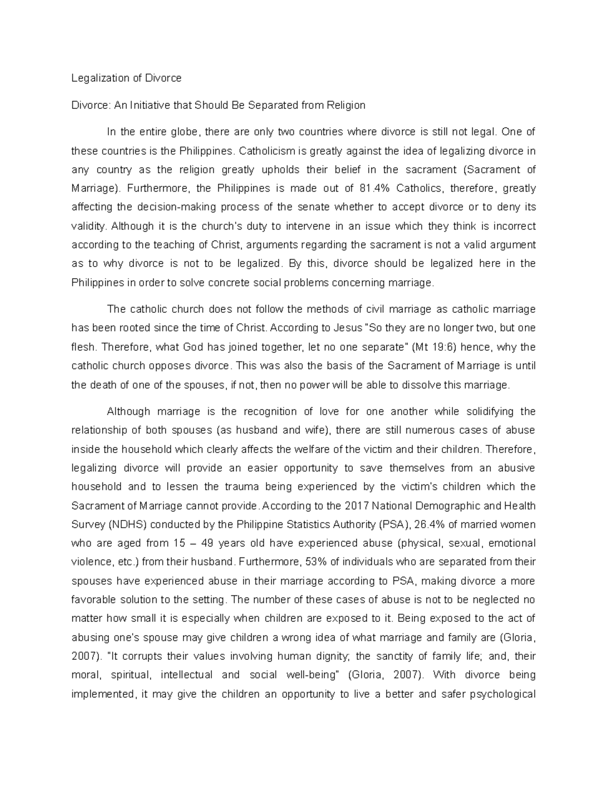 Position Paper: Legalizing Divorce in the Philippines - Studocu