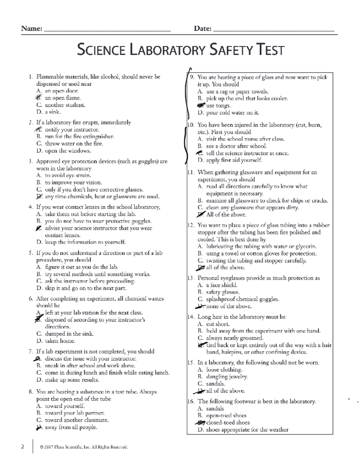 Lab safety test - Name: Date: SCIENCE LABORATORY SAFETY TEST 1 ...