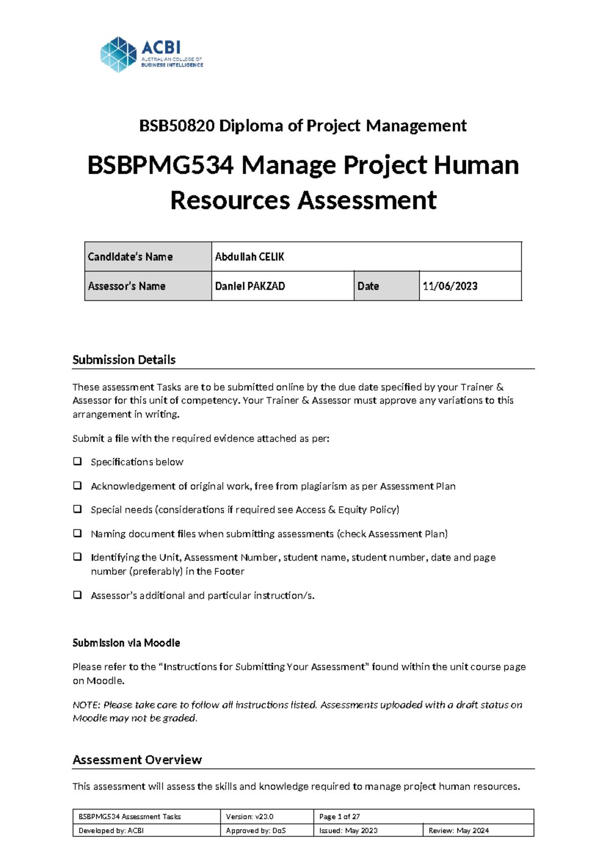BSBPMG534 Human Resources Assessment Tasks & Guidelines - Studocu