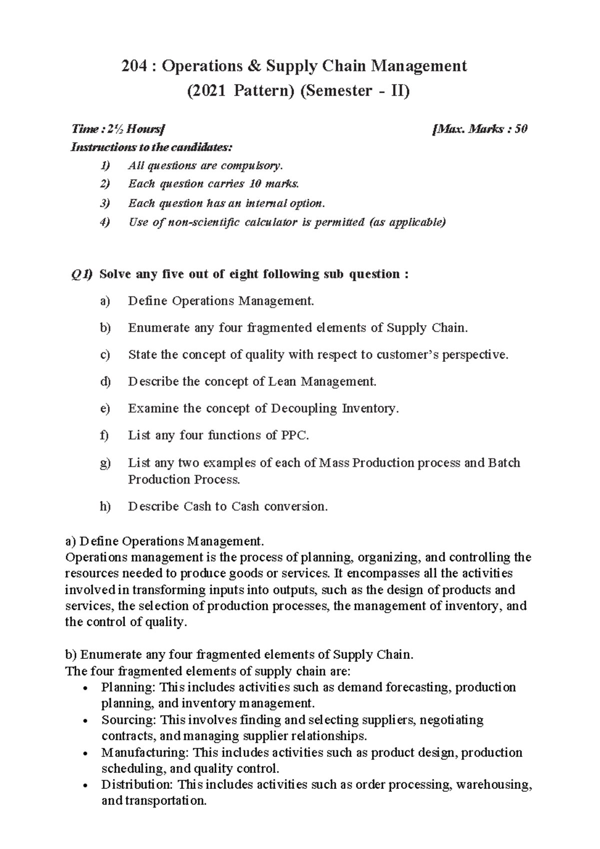 2021 OSCM M.B.A Answer Key - Operations & Supply Chain Management - Studocu