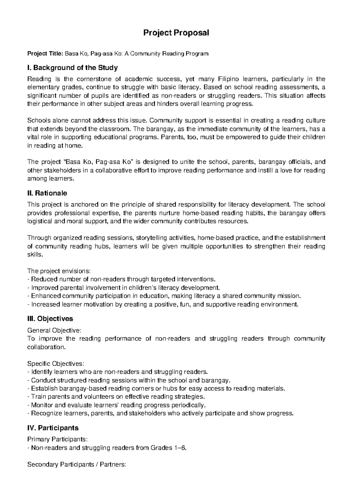 Basa Ko, Ko: Community Reading Program Project Proposal - Studocu