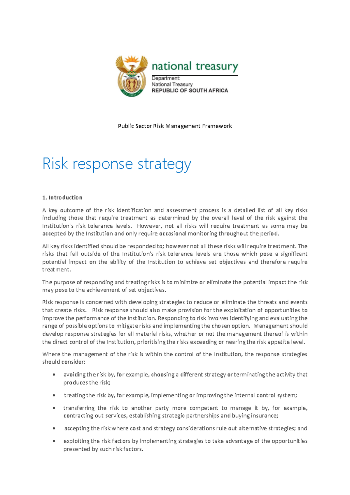 Public Sector Risk Management Framework: Risk Response Strategy 08 ...