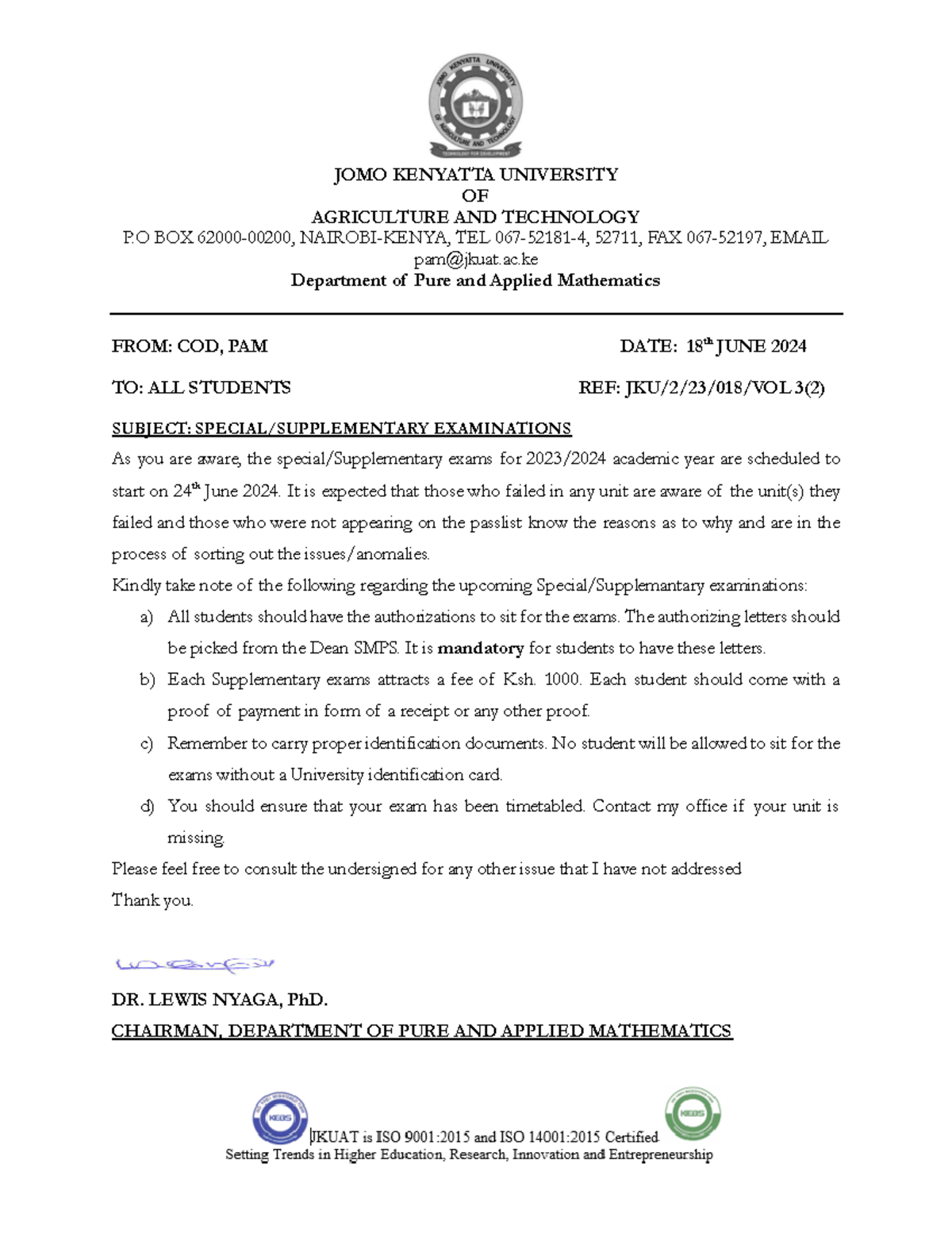 JKUAT Special Supplementary Exams Guidelines for 2023/2024 - Studocu
