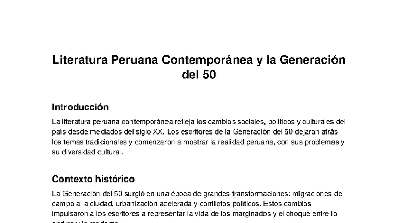 Literatura Peruana Contemporánea: Generación del 50 y su Legado - Studocu